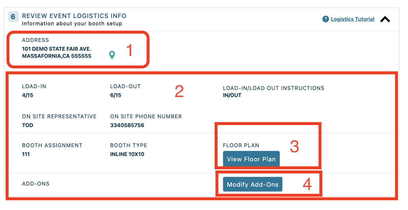 Step 5 or 6: Review Event Logistics Info (booth #, load-in/out and more ...
